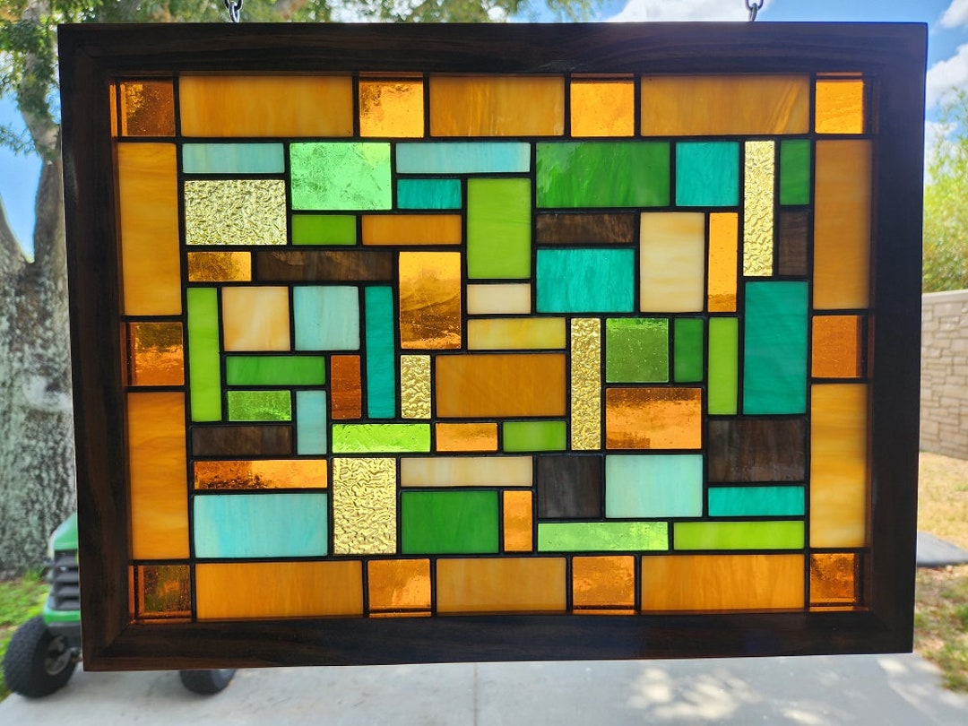 Stained Glass Window Panel "rodeo Town" Framed 18" X 14" Including the ...