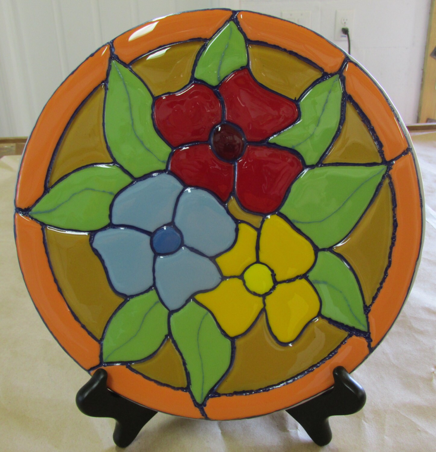 Stained Glass Tile Picture flowers With Orange - Etsy