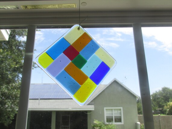 Fused Art Glass Mini Window Panel Suncatcher Multi-color Block | Etsy
