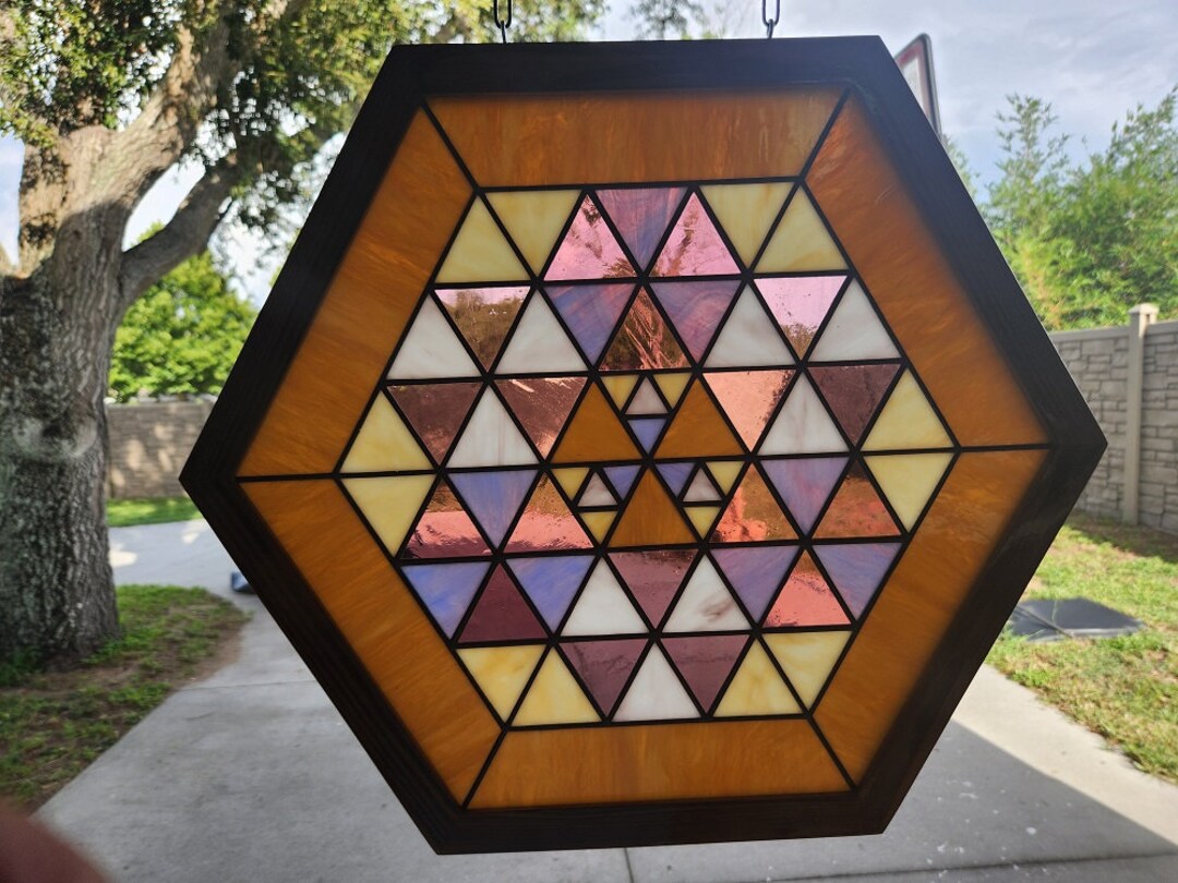 Hexagonal Triangle Stained Glass Panel "purple Flowers" Framed in ...