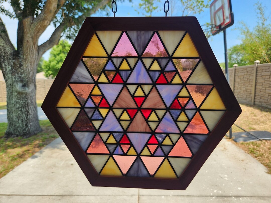 Hexagonal Triangle Stained Glass Panel "royal Tangles" Framed in Red ...