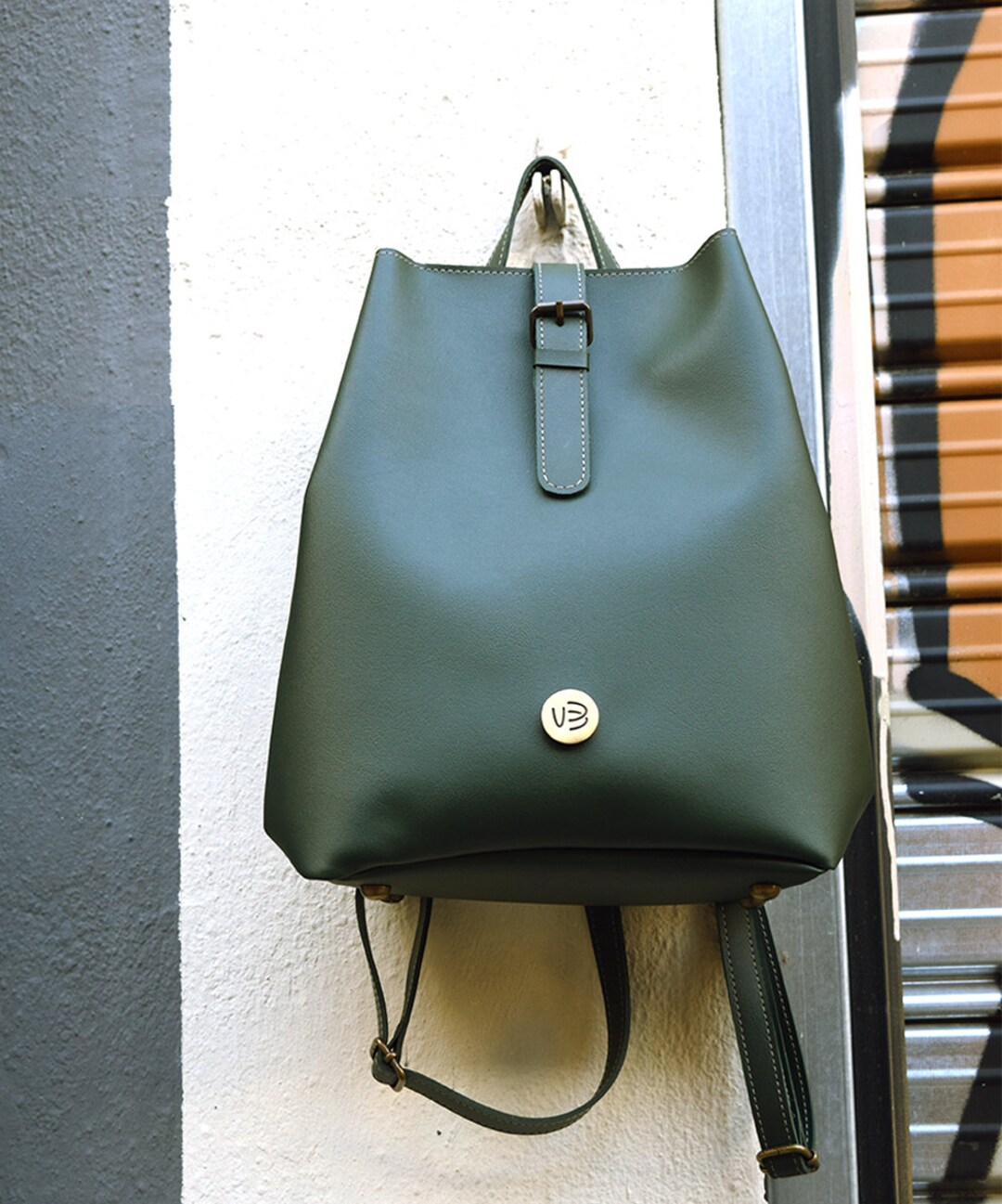 Olive Green Minimalist Backpack, Vegan Leather Bag, Handmade Bag, Women ...