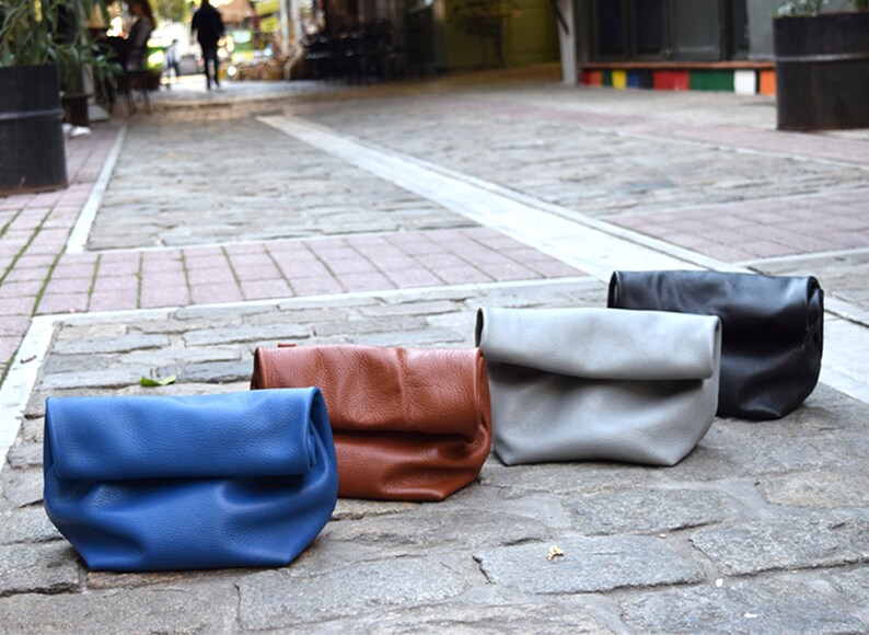 Black Rollover Leather Lunch Bag, Fold Leather Statement Purse, Ladies ...