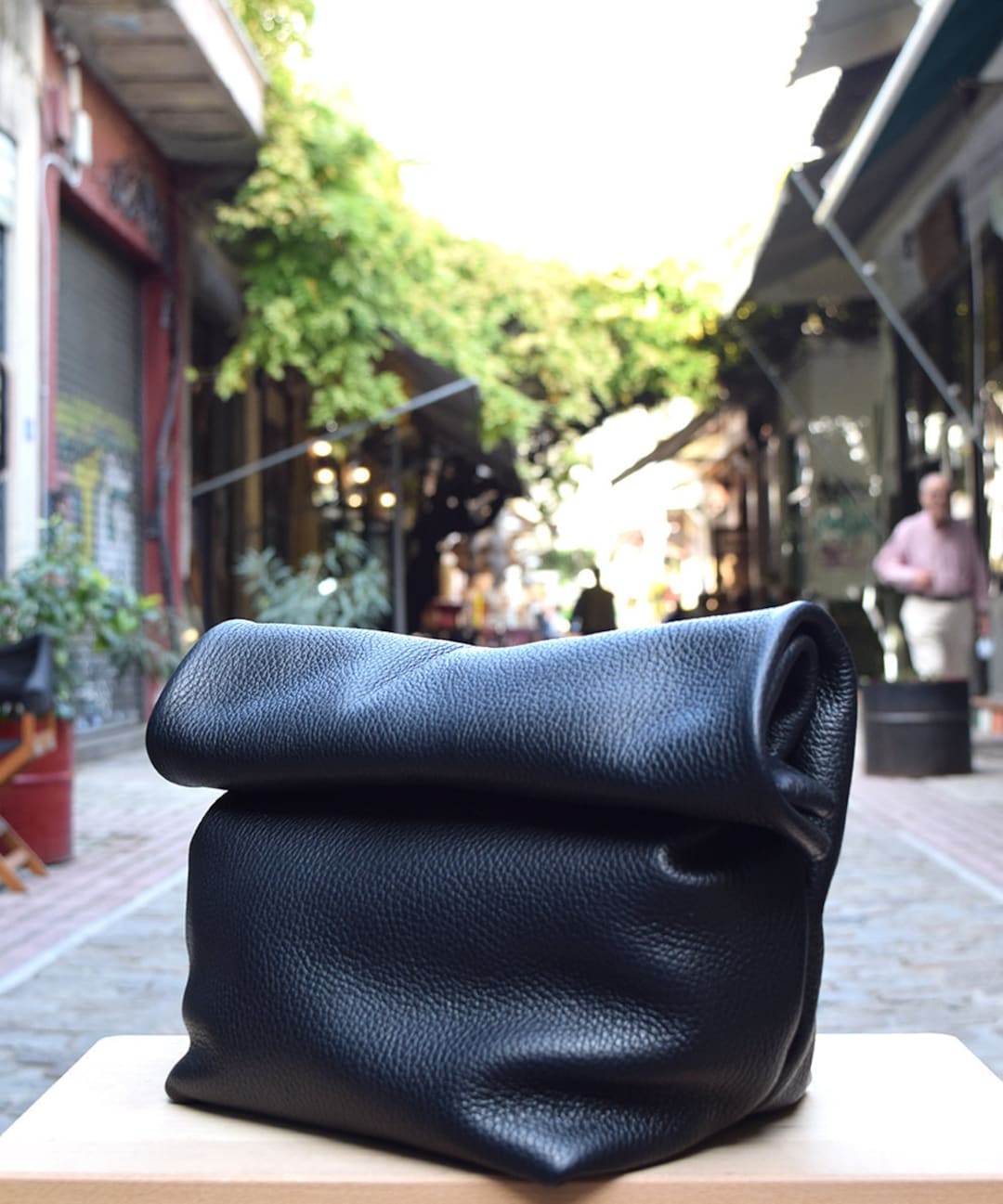 Black Rollover Leather Lunch Bag, Fold Leather Statement Purse, Ladies ...