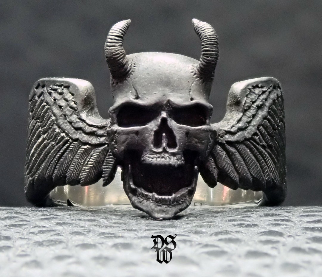 Winged Skull Ring With Horns Superdetail Sterling Silver Handcarved - Etsy
