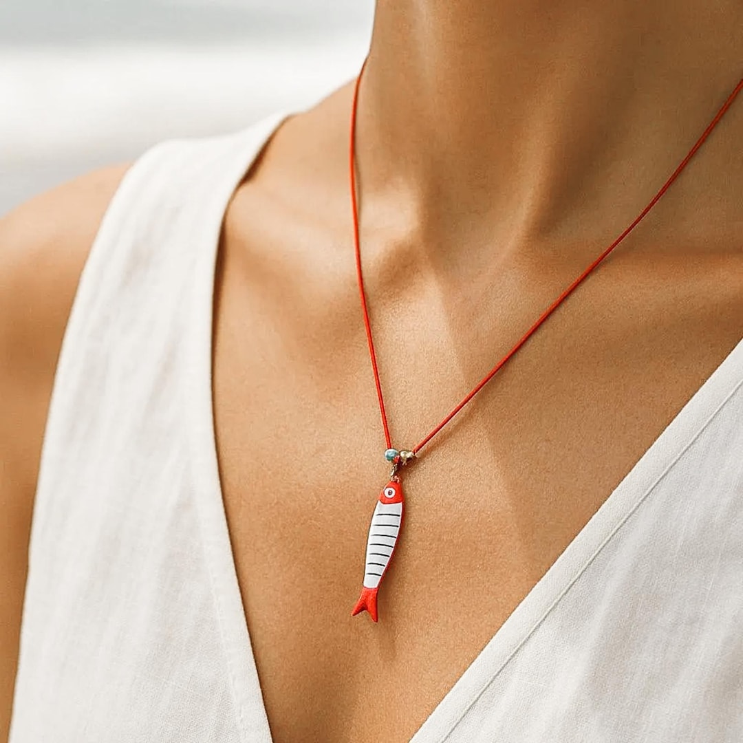 Portuguese Sardine Necklace – Enamel Fish on Red Cord – Turquoise Bead ...