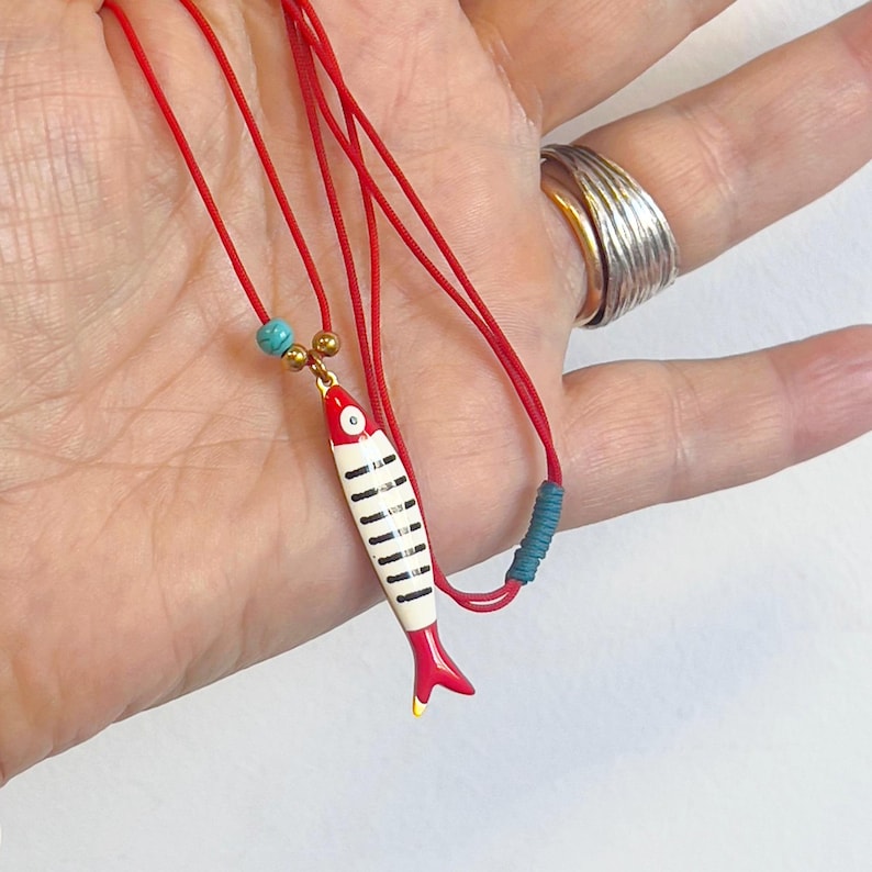Portuguese Sardine Necklace – Enamel Fish on Red Cord – Turquoise Bead ...