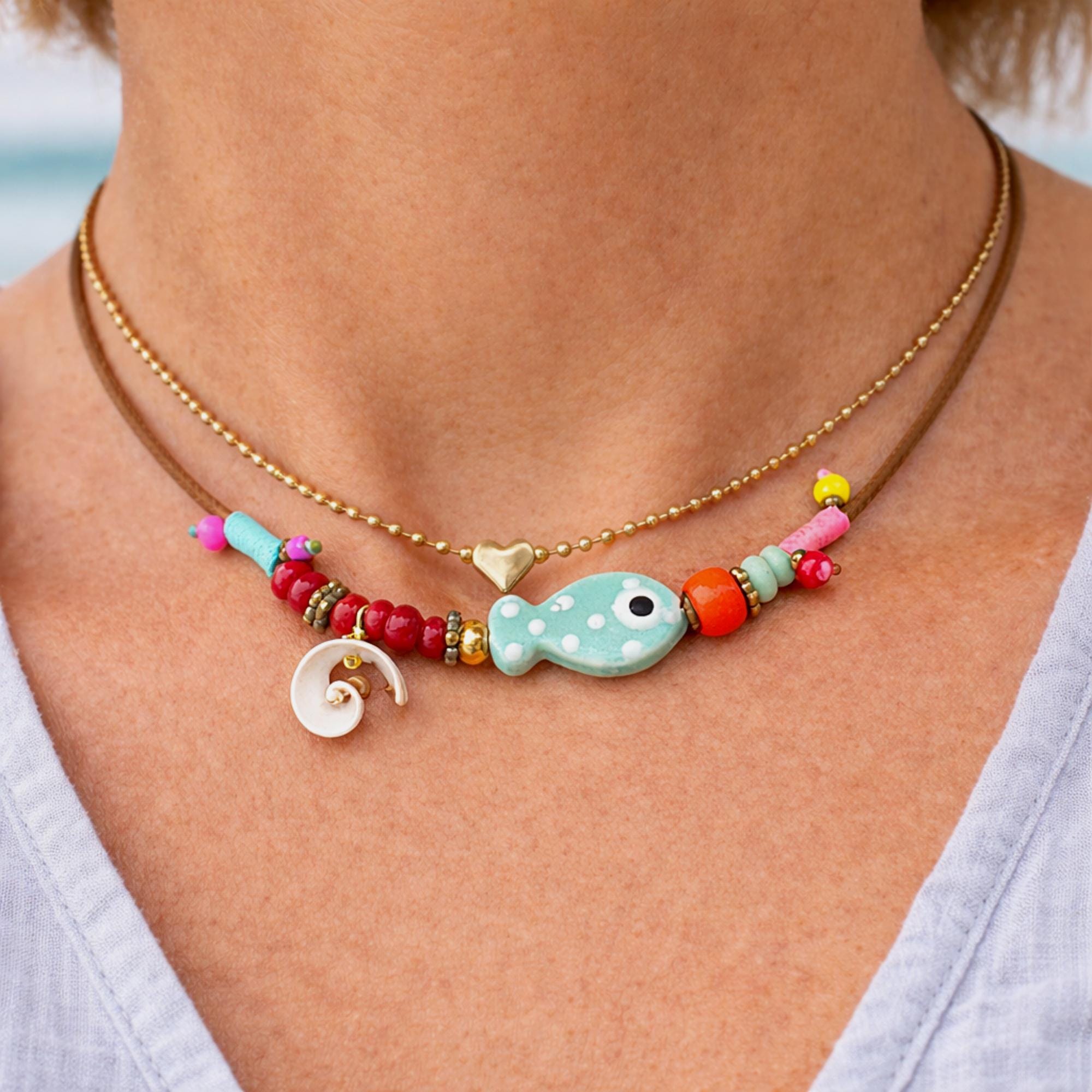 Ceramic Fish Necklace Coastal Ocean Inspired Beaded Statement Jewelry ...