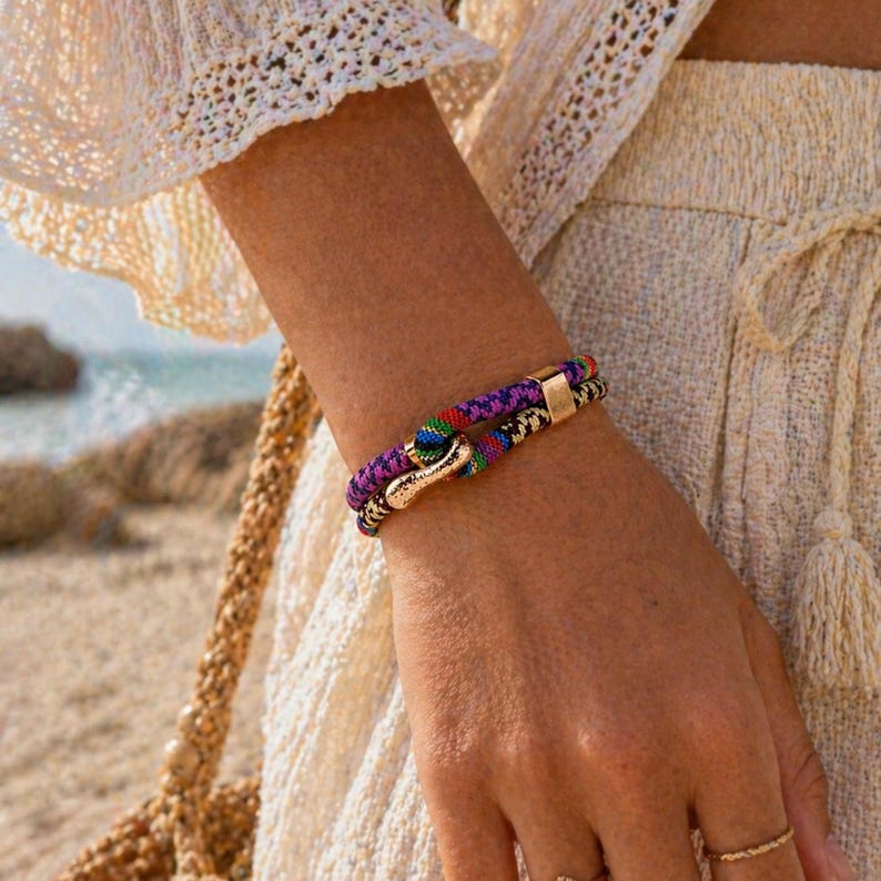 Rose Gold Multicolor Bracelet Boho Ethnic Cotton Cord Wristband ...