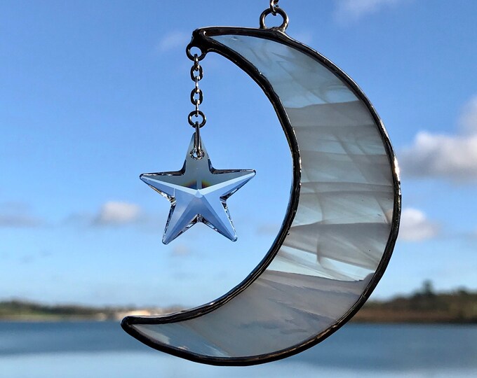 Stained Glass Crescent Moon Sun Catcher With Swarovski Crystal Star - Etsy
