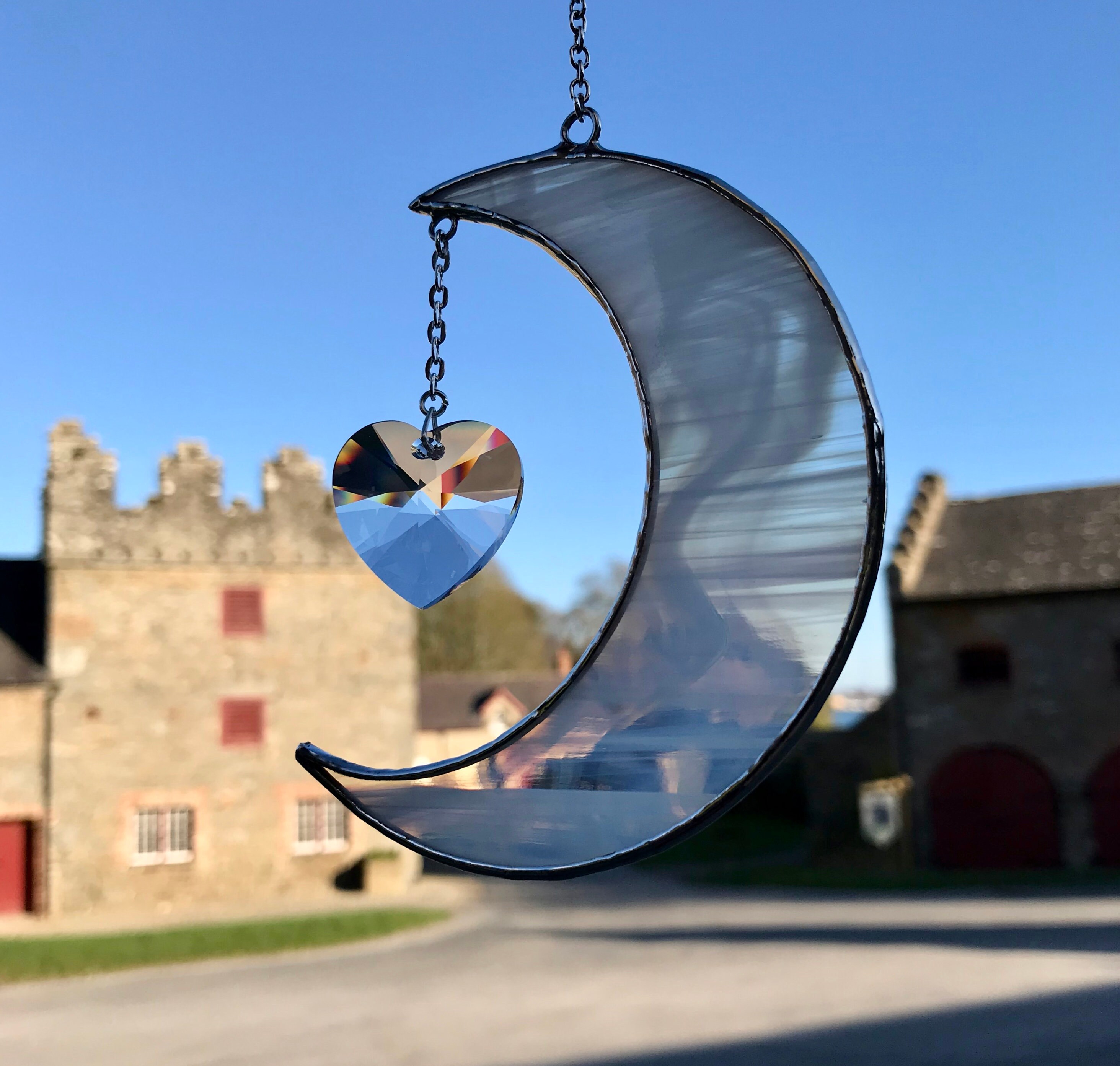 Stained Glass Crescent Moon Suncatcher with Swarovski Crystal | Etsy