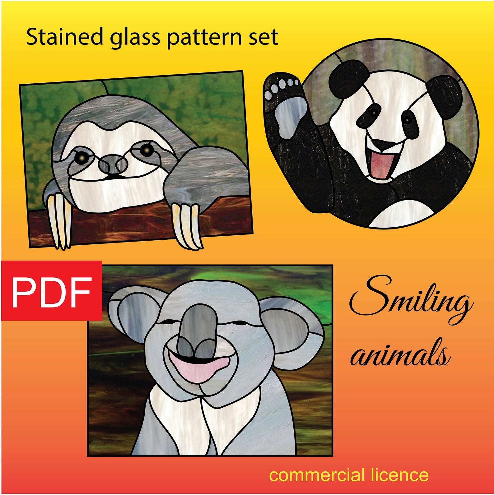 Stained Glass Pattern Smiling Animals PANDA KOALA SLOTH - Etsy