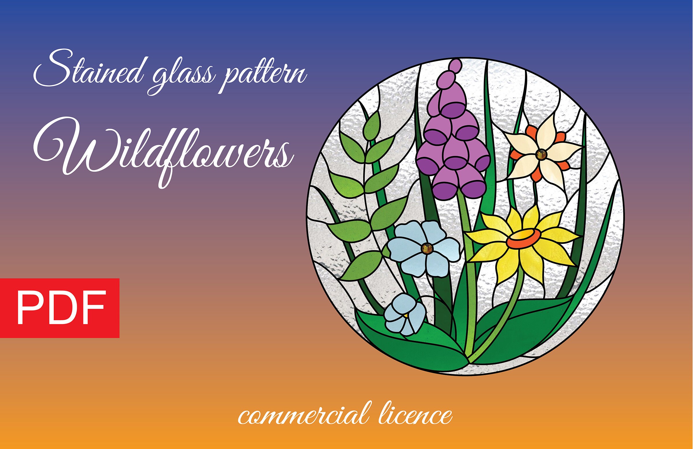 Stained Glass Pattern WILDFLOWERS Resizable Printable Pdf Template for ...