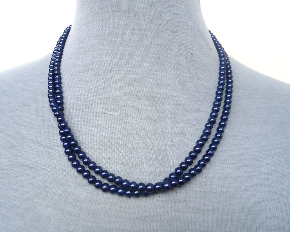 Navy Blue Pearl Necklacetwo Strands Pearl Necklacewedding | Etsy