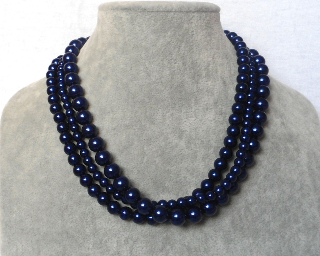 Navy Blue Pearl Necklaces, Wedding Necklace,18 Inches Necklace, 3 ...
