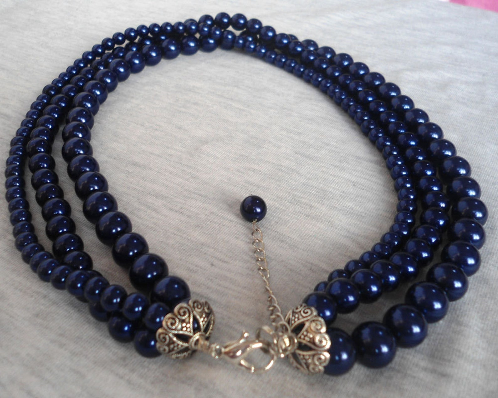 Navy Blue Pearl Necklaces, Wedding Necklace,18 Inches Necklace, 3 ...