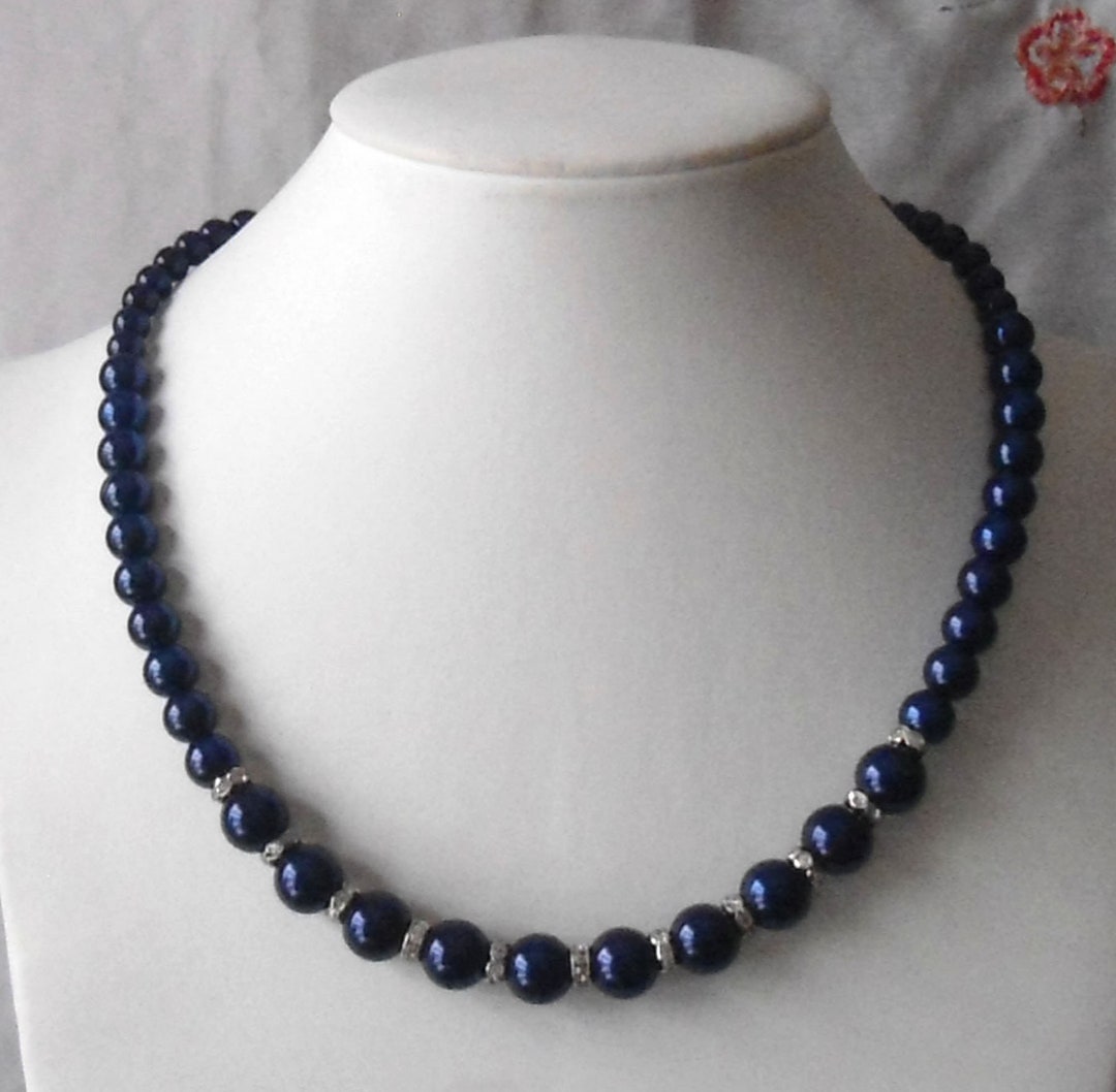 Navy Blue Pearl Necklace,wedding Necklace,glass Pearl Necklace, Pearl ...