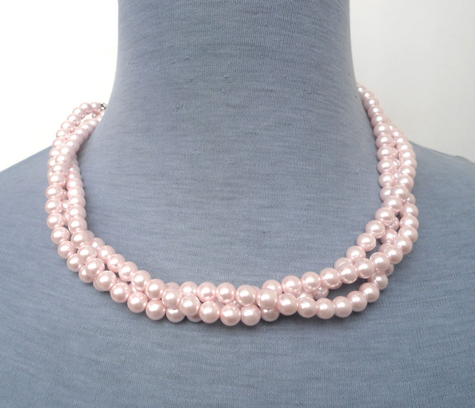Light Pink Pearl Necklace,triple Strands Pearl Necklace,wedding Jewelry ...