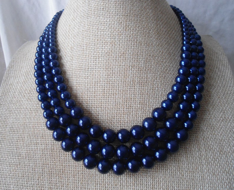 Navy Blue Pearl Necklaces, Wedding Necklace,pearl Necklace, 3 Strands ...