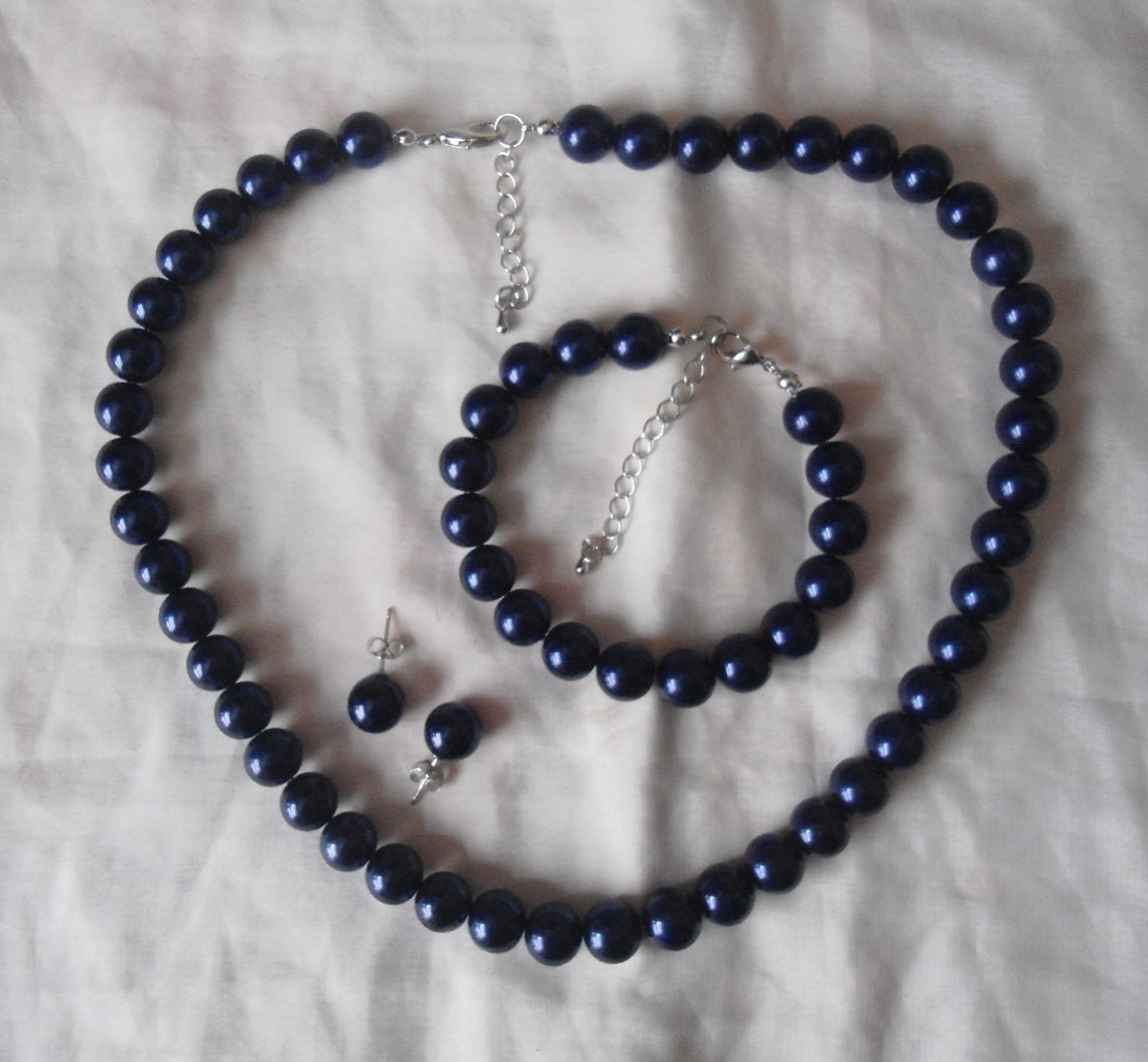 Navy Blue Pearl SetsPearl Necklacepearl braceletGlass Pearl | Etsy