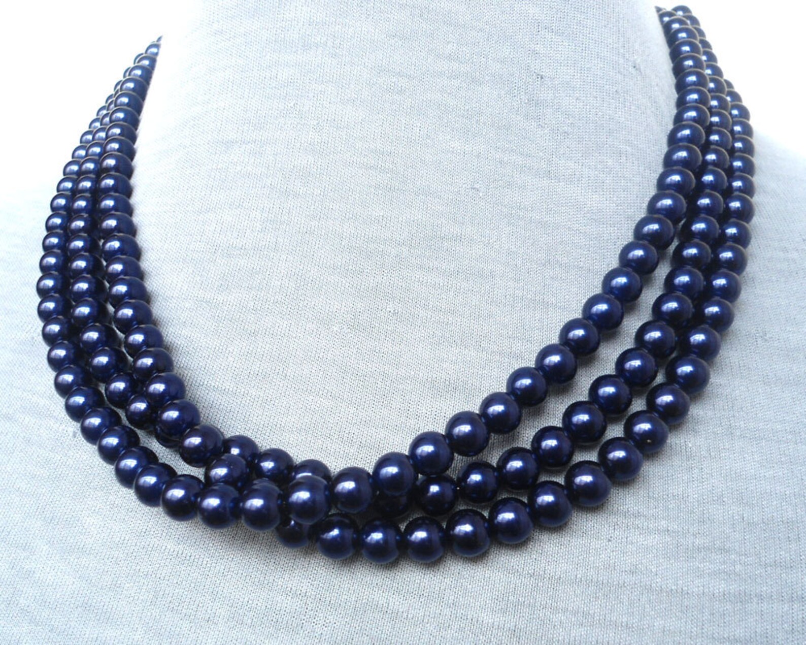 Navy Blue Pearl Necklace,triple Strands Pearl Necklace,wedding Jewelry ...