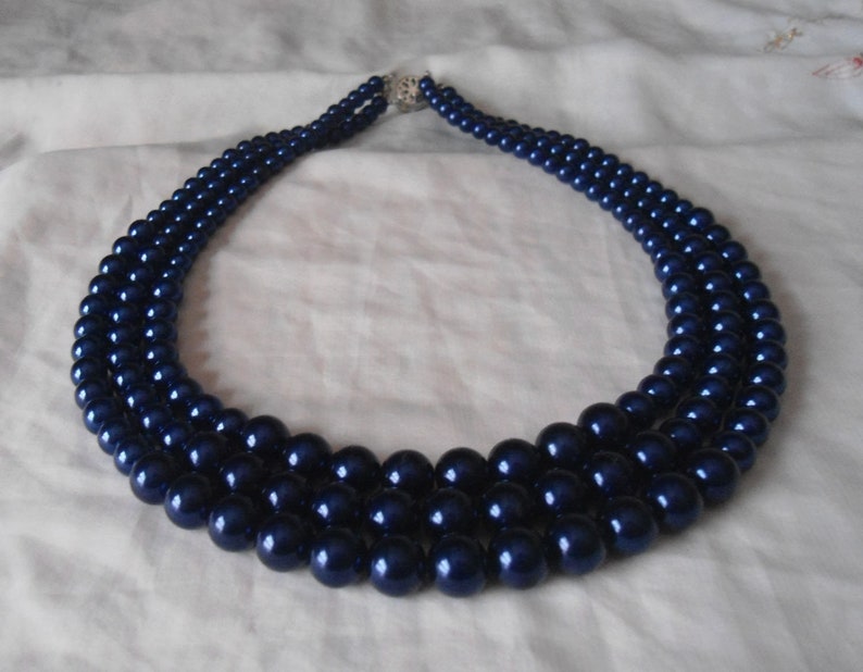Navy Blue Pearl Necklaces, Wedding Necklace,pearl Necklace, 3 Strands ...
