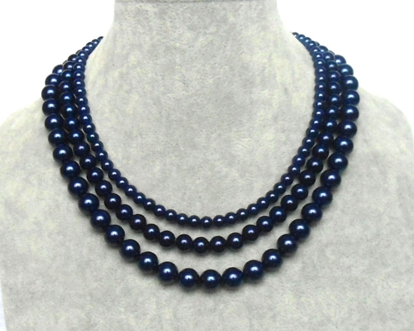 Navy Blue Pearl Necklaces, Wedding Necklace,pearl Necklace, 3 Strands ...