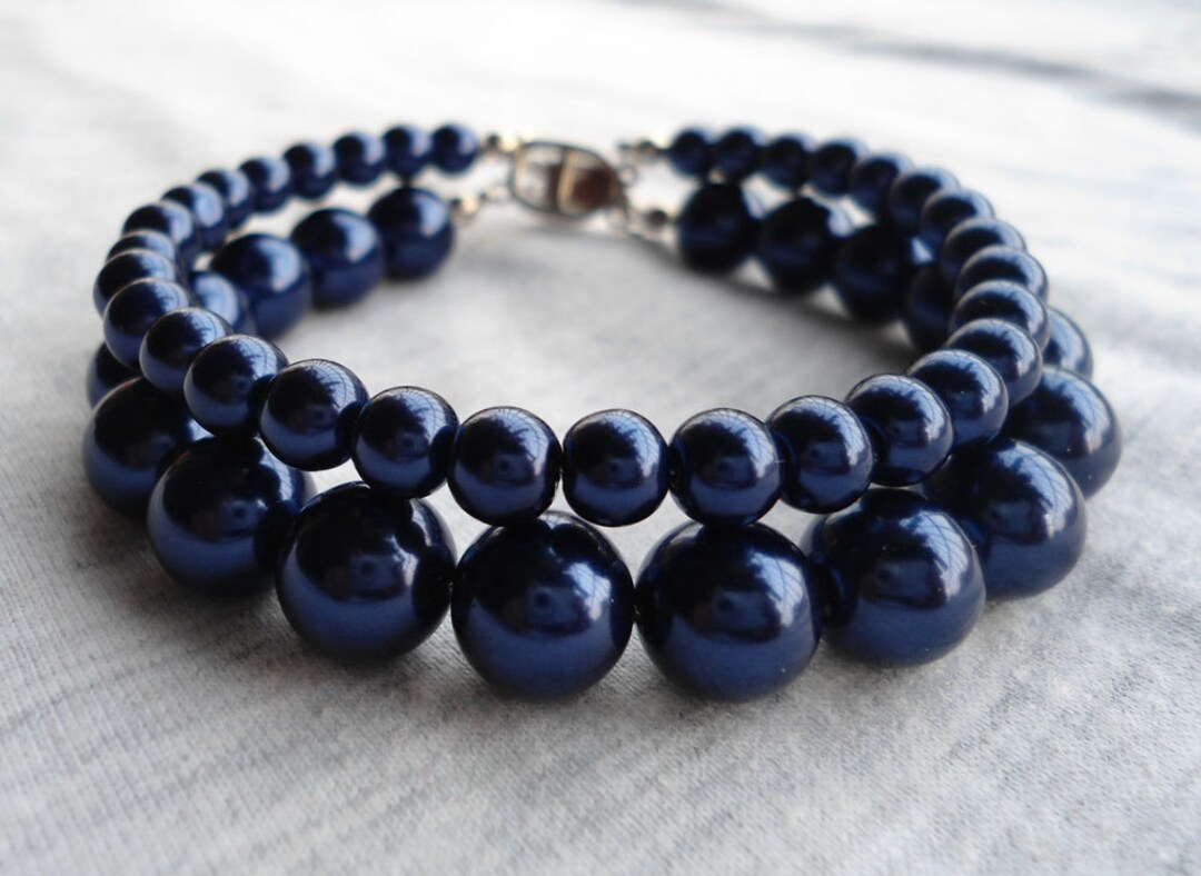 Navy Blue Pearl Bracelet,two Strands Pearl Bracelet,,wedding Jewelry ...