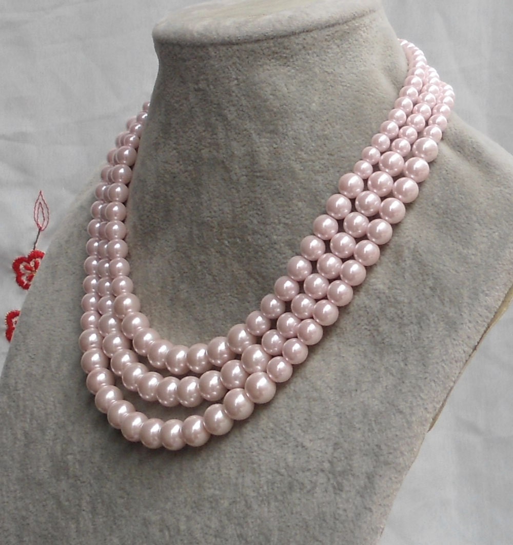 Light Pink Pearl Necklace3 Strand Pearl Necklaceglass Pearl - Etsy