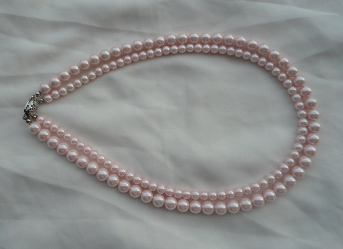Light Pink Pearl Necklace,two Strand Pearl Necklace,glass Pearl ...