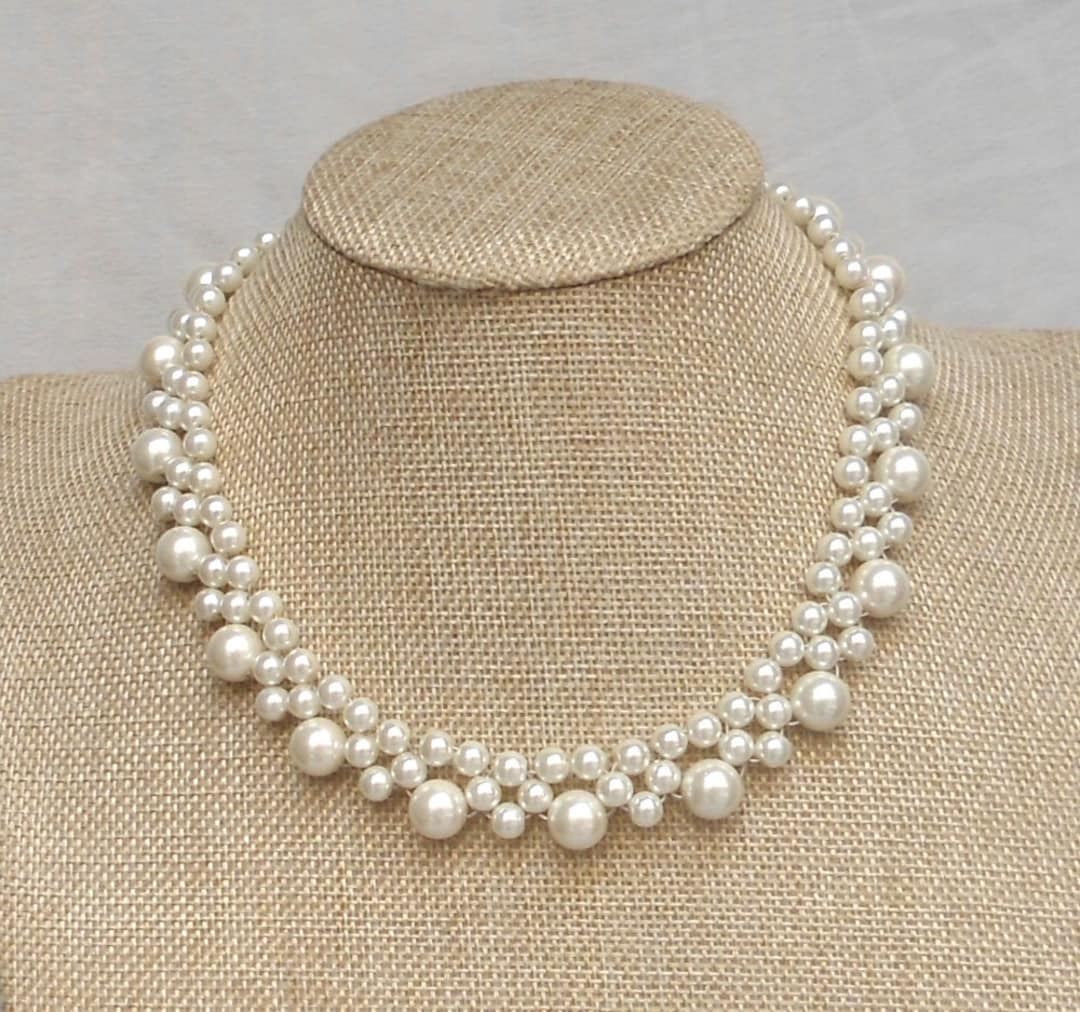 Pearl Necklace, Ivory Pearl Necklace ,glass Pearl Necklace,3 Strands ...