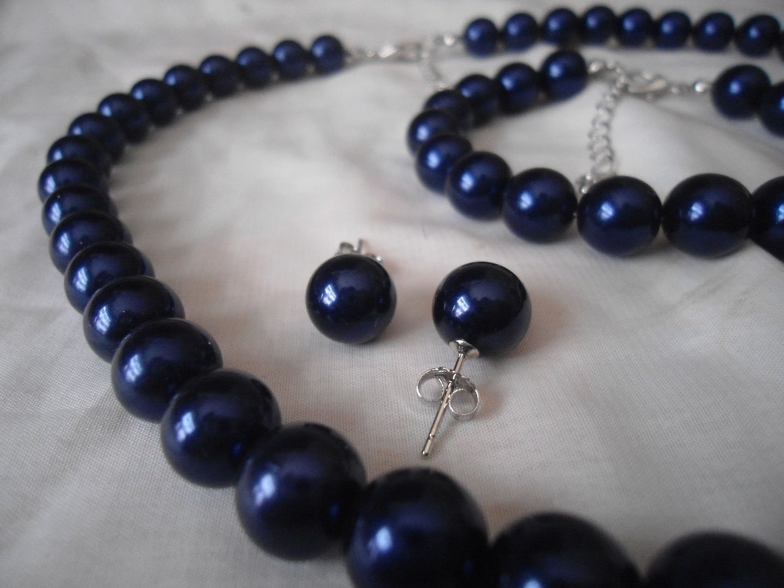 Navy Blue Pearl SetsPearl Necklacepearl braceletGlass Pearl | Etsy