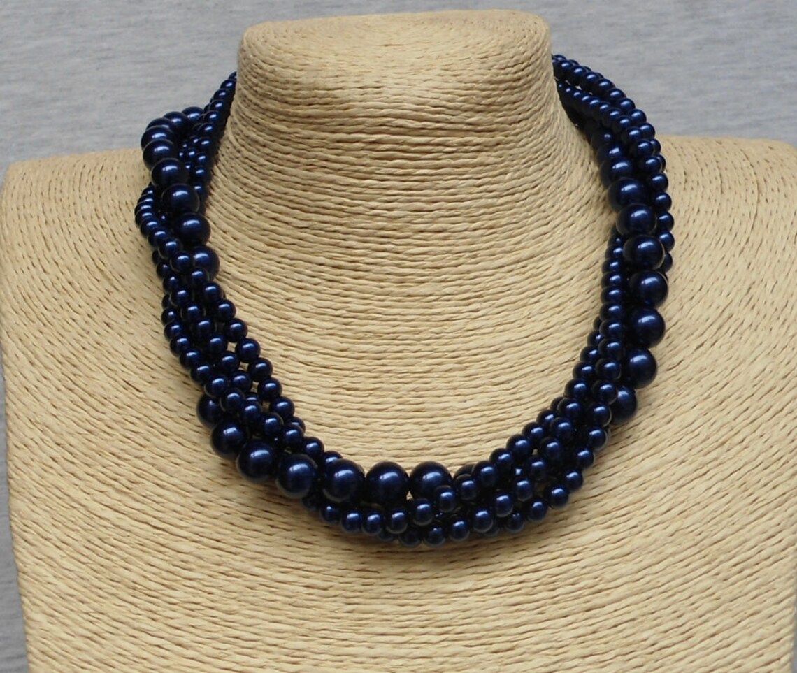 Navy Blue Pearl Necklaces, Wedding Necklace,18 Inches Necklace, 4 ...