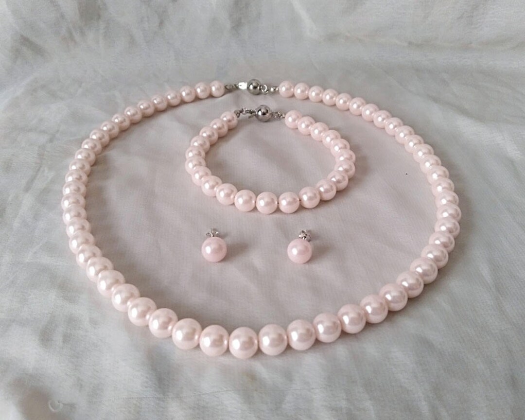 Light Pink Pearl Sets,pearl Necklace,pearl Bracelet,stud Earring,glass ...