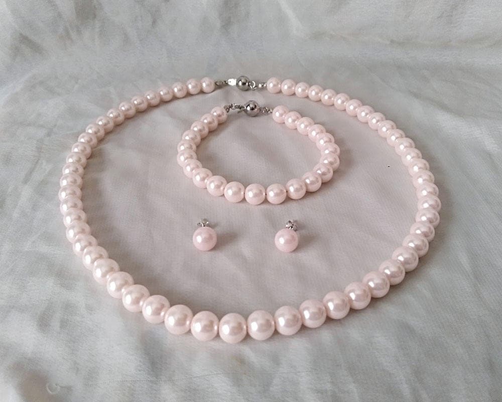 Light Pink Pearl Sets,pearl Necklace,pearl Bracelet,stud Earring,glass ...