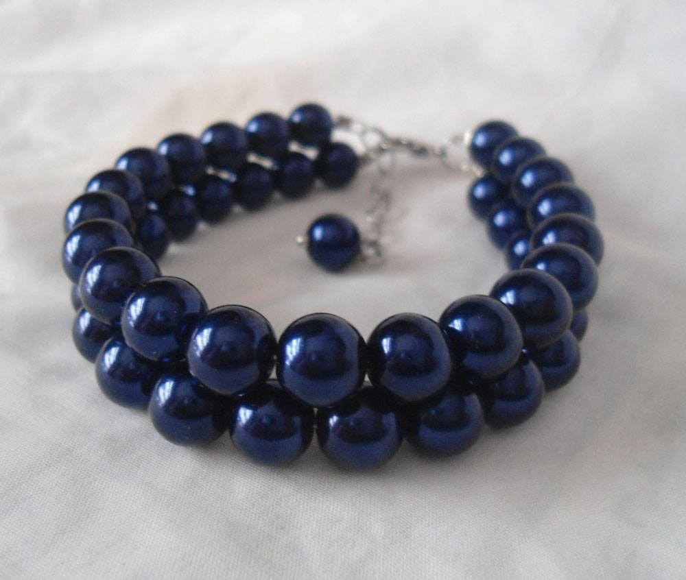 Navy Blue Pearl Bracelet,2 Strands Pearl Bracelet,,wedding Jewelry ...