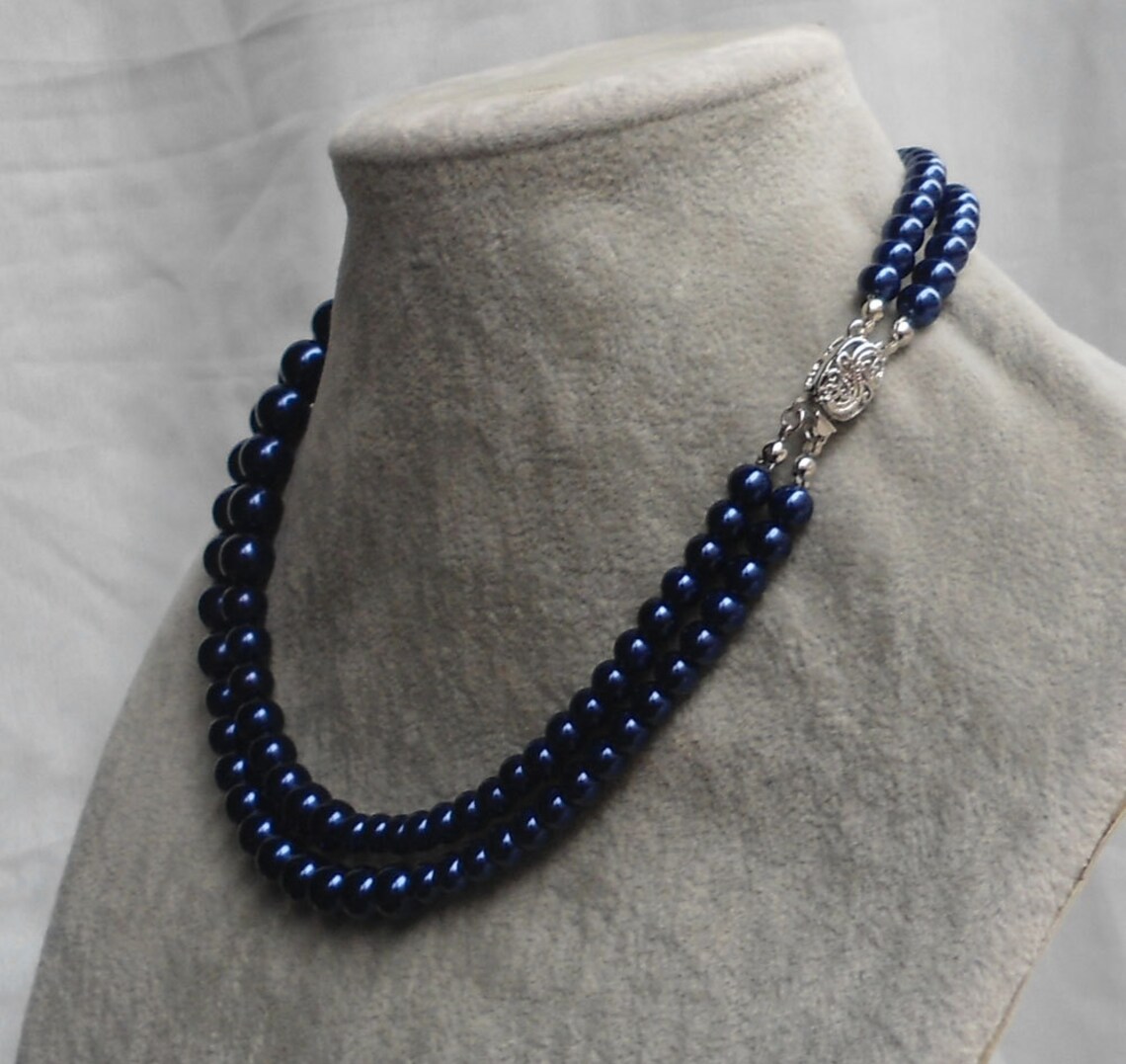 Navy Blue Pearl Necklaces, Wedding Necklace,pearl Necklace, Two Strands ...