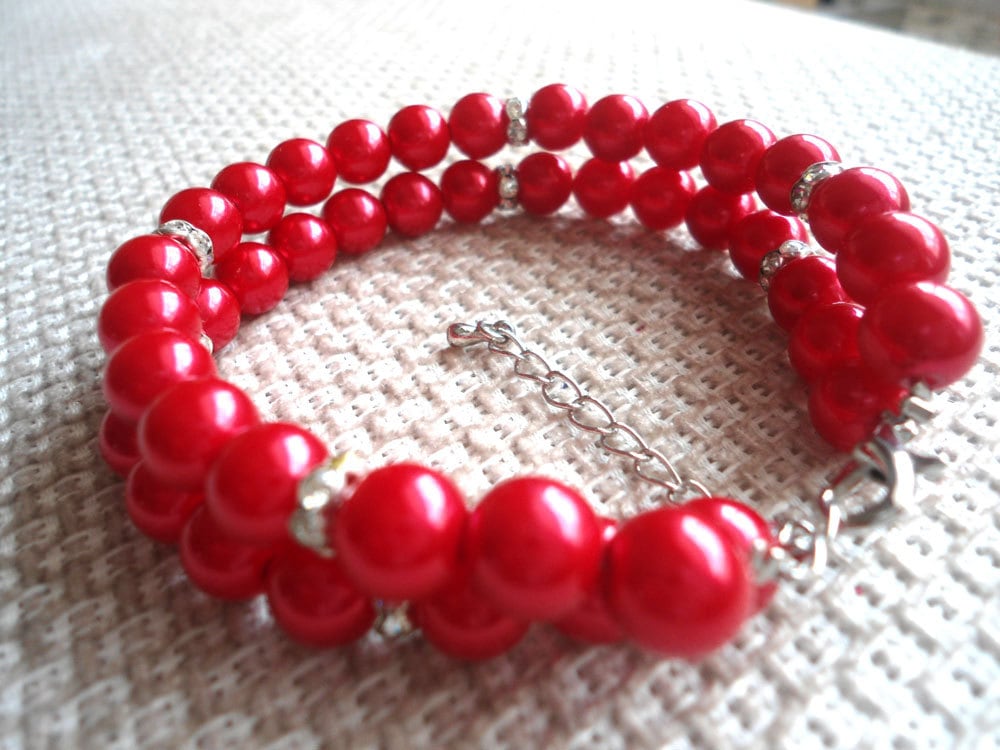 Red Pearl Braceletpearl and Rhinestone Braceletglass Pearl | Etsy