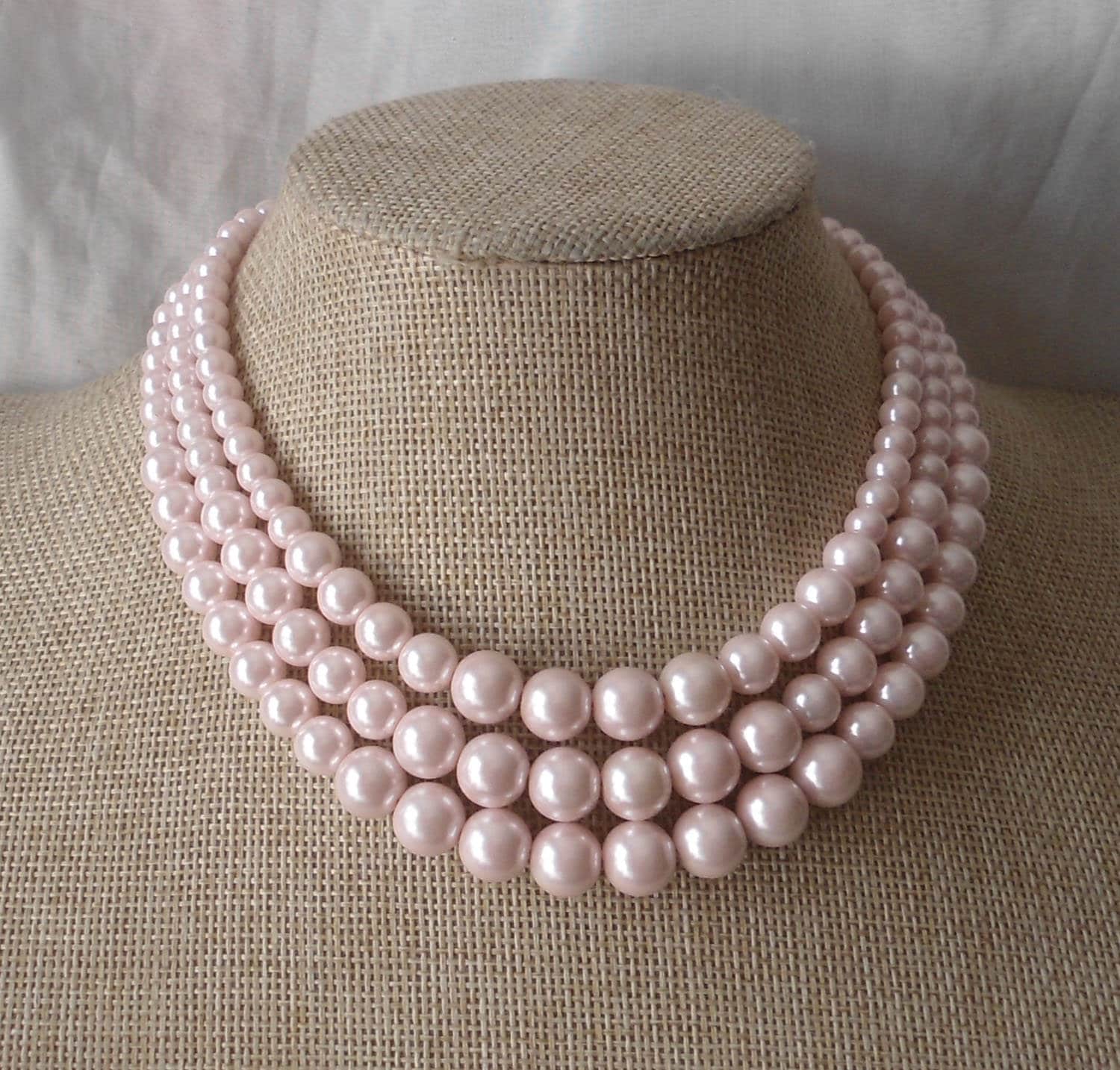 Light Pink Pearl Necklace,3 Strand Pearl Necklace,glass Pearl Necklace ...