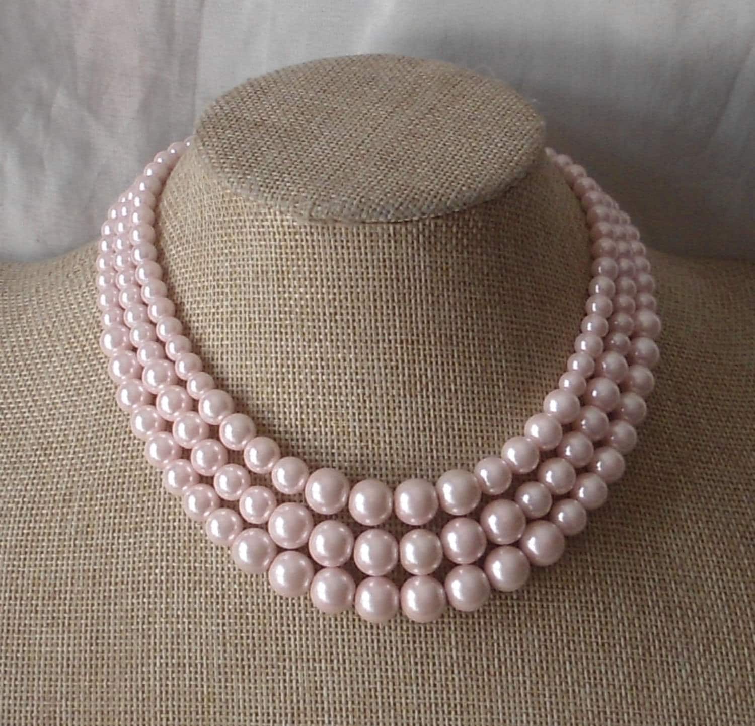 Light Pink Pearl Necklace,3 Strand Pearl Necklace,glass Pearl Necklace ...