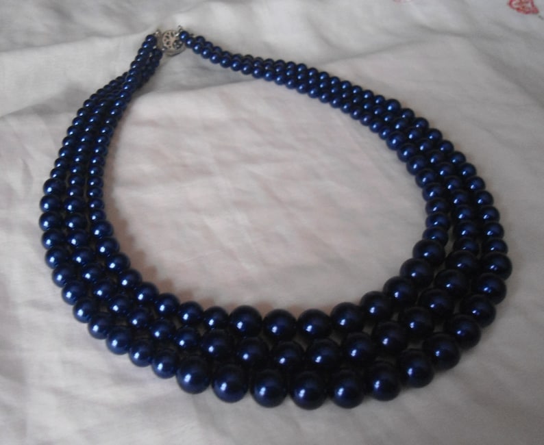 Navy Blue Pearl Necklaces, Wedding Necklace,pearl Necklace, 3 Strands ...