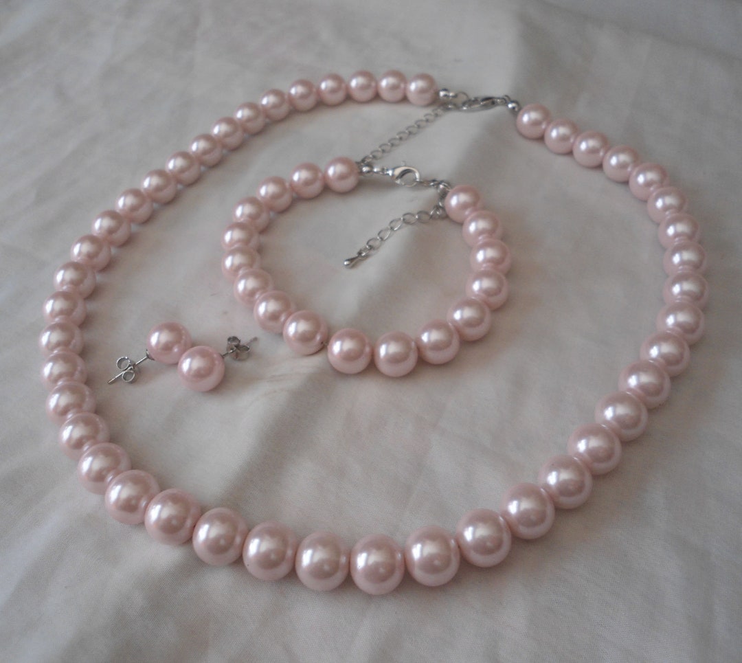 Light Pink Pearl Sets,pearl Necklace,pearl Bracelet,stud Earring,glass ...