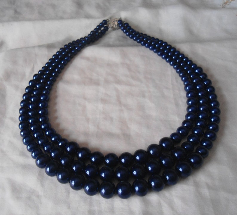 Navy Blue Pearl Necklaces, Wedding Necklace,pearl Necklace, 3 Strands ...