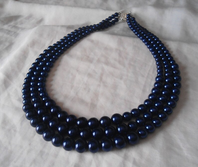 Navy Blue Pearl Necklaces, Wedding Necklace,pearl Necklace, 3 Strands ...