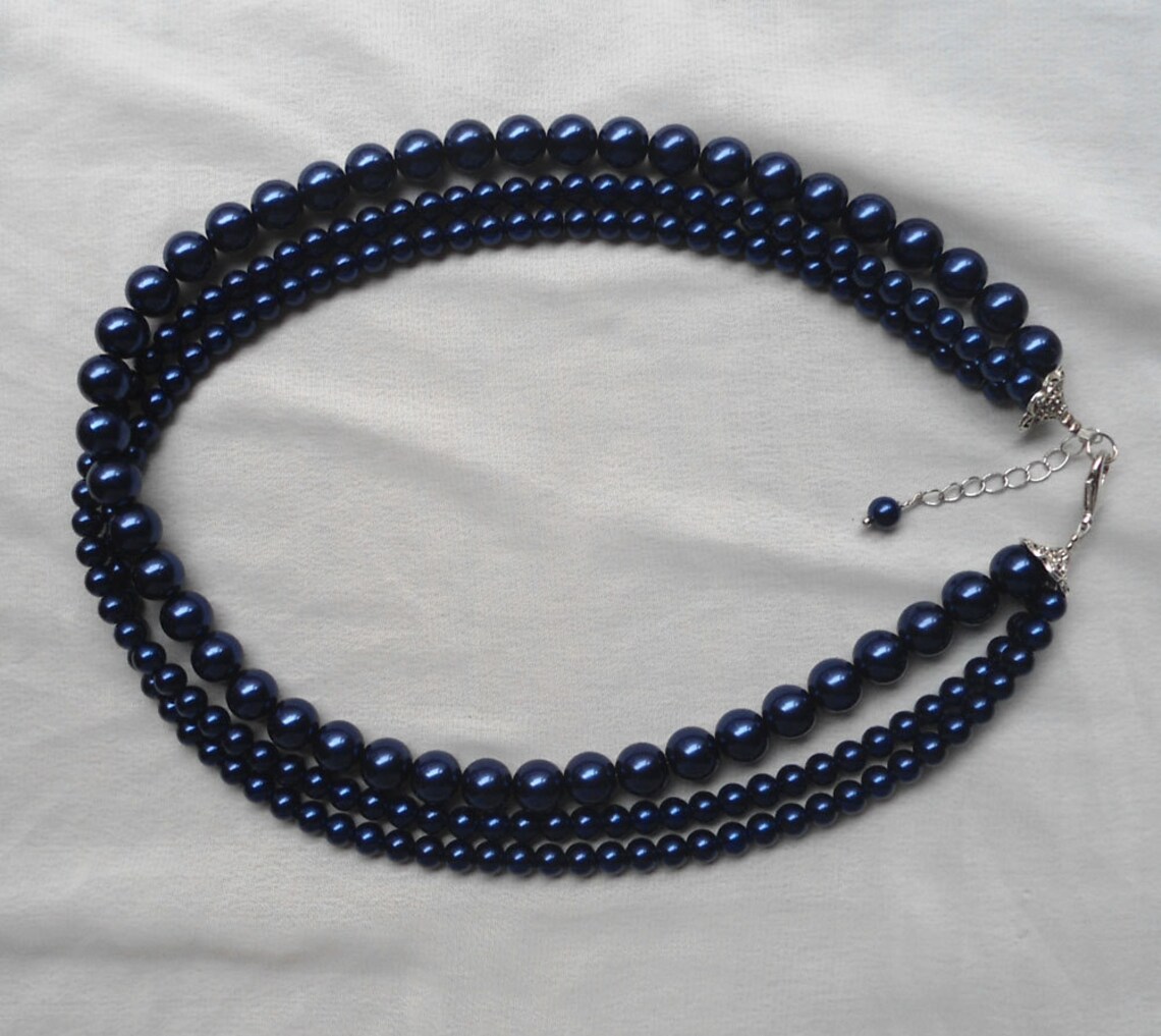 Navy Blue Pearl Necklace,triple Strands Pearl Necklace,wedding Jewelry ...
