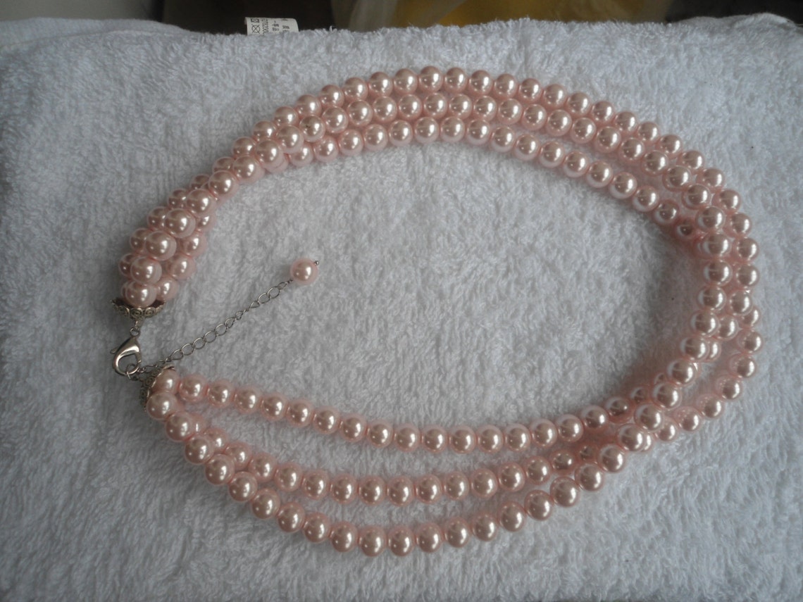 Light Pink Pearl Necklace,triple Strands Pearl Necklace,wedding Jewelry ...