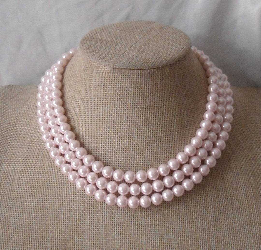 Light Pink Pearl Necklace, Glass Pearl Necklace,3 Strands Pearl ...