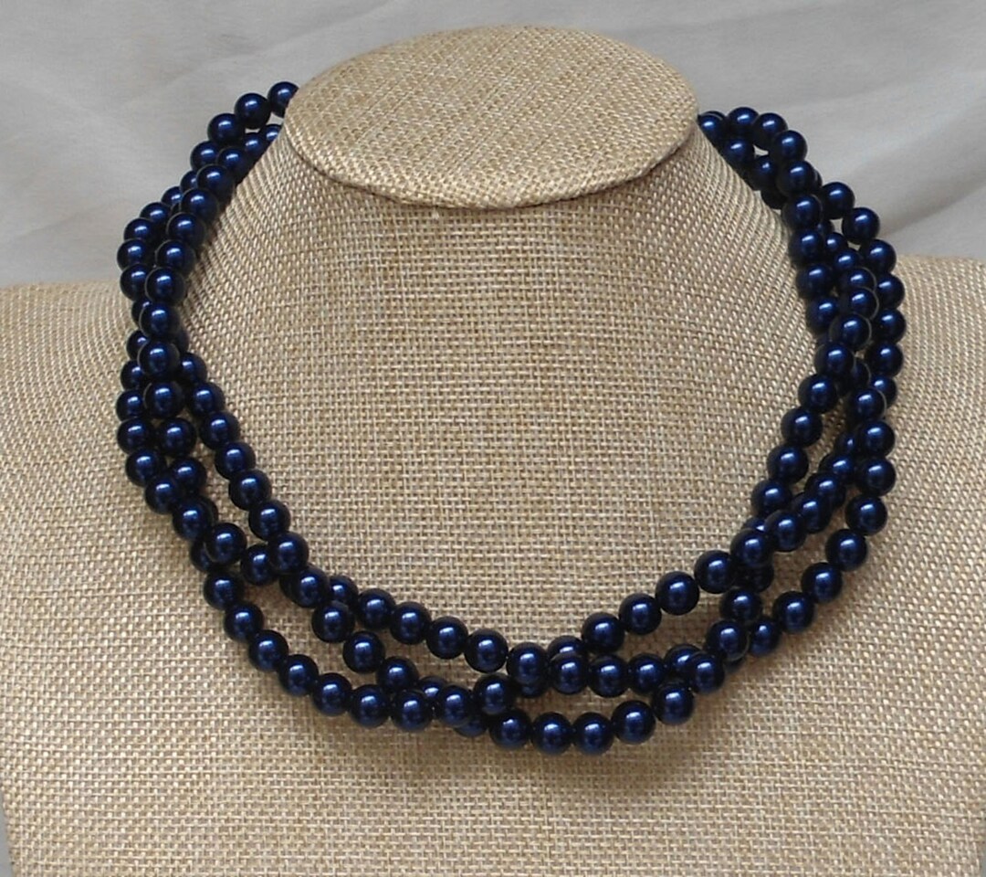 Collar de perlas azul marino, collar de perlas de 3 hebras, joyas de ...