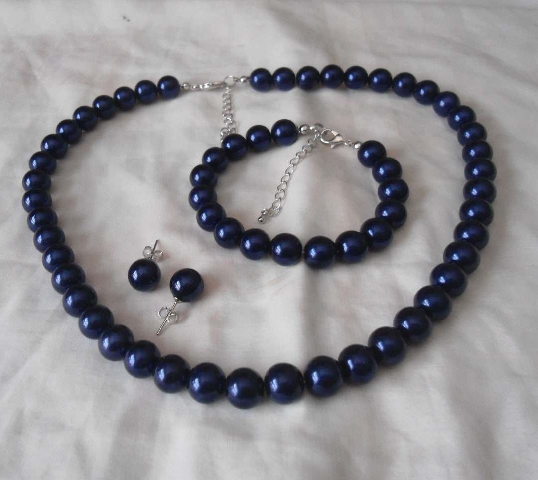 Navy Blue Pearl Sets,pearl Necklace,pearl Bracelet,glass Pearl ,wedding ...