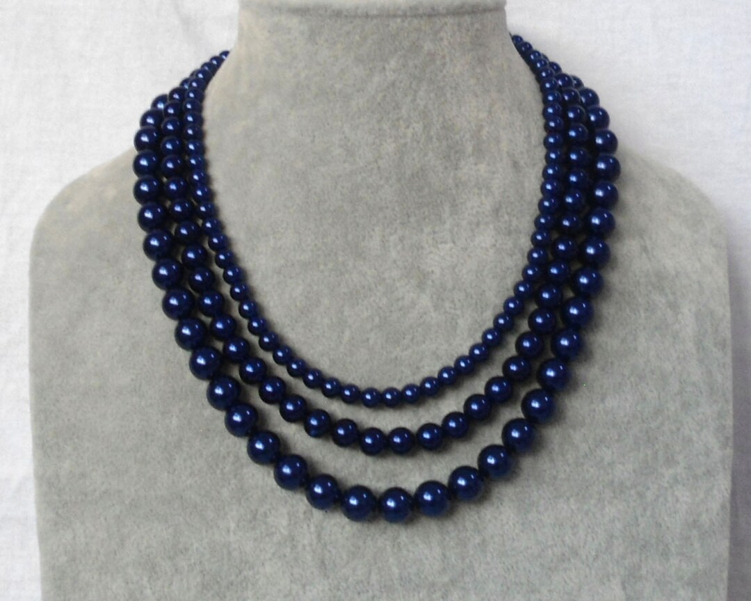 Navy Blue Pearl Necklaces, Wedding Necklace,pearl Necklace, 3 Strands ...